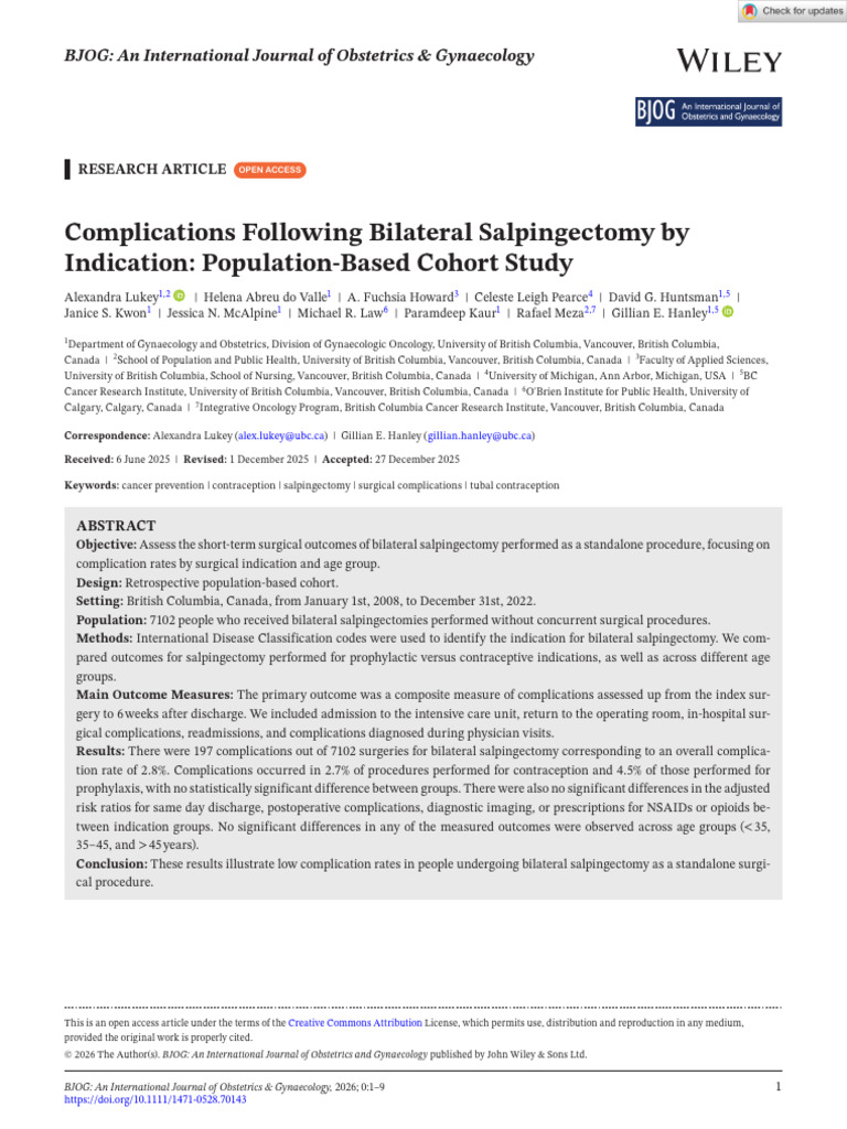 BJOG - 2026 - Lukey - Complications Following Bilateral Salpingectomy ...