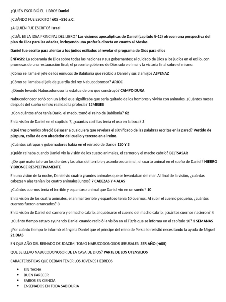 Guia Examen Daniel | PDF | Daniel (figura bíblica) | Nabucodonosor Ii