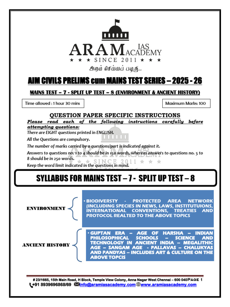 Mains Test 7 Split Up Test 8 Environment & Ancient History Questions | PDF