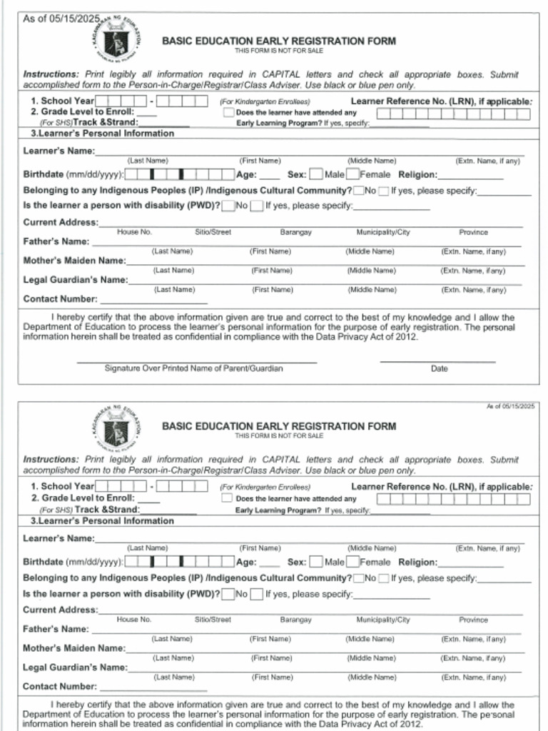 Basic Education Early Registration Form - DO - s2025 - 017r | PDF