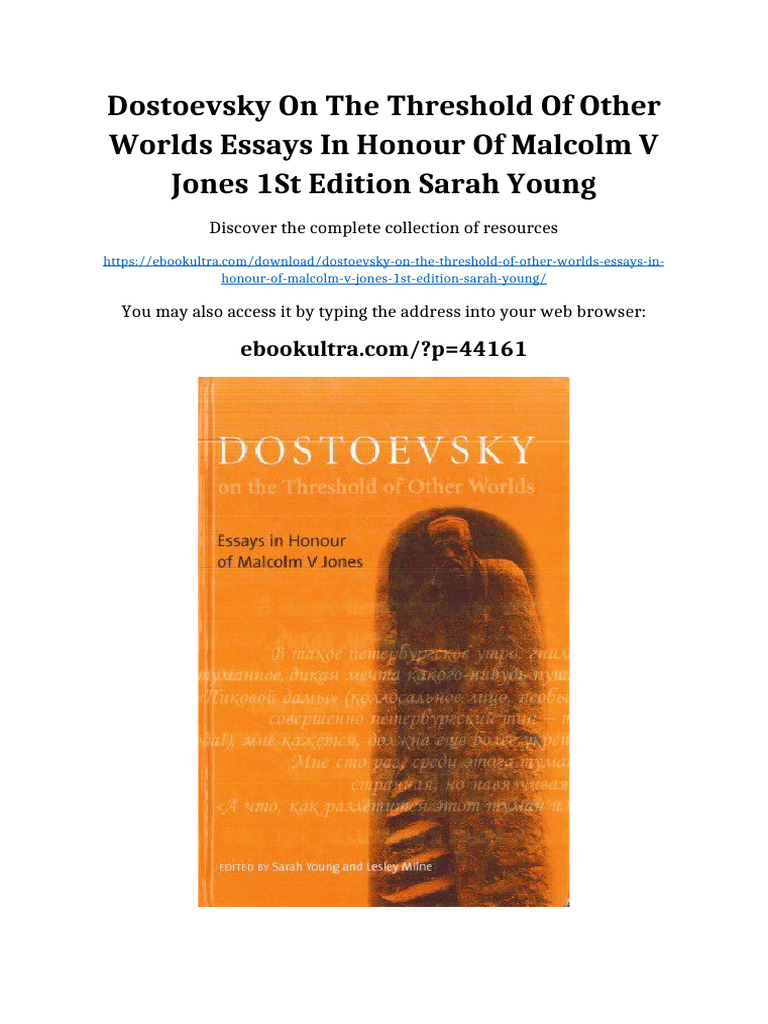 Dostoevsky on the Threshold of Other Worlds Essays in Honour of Malcolm ...