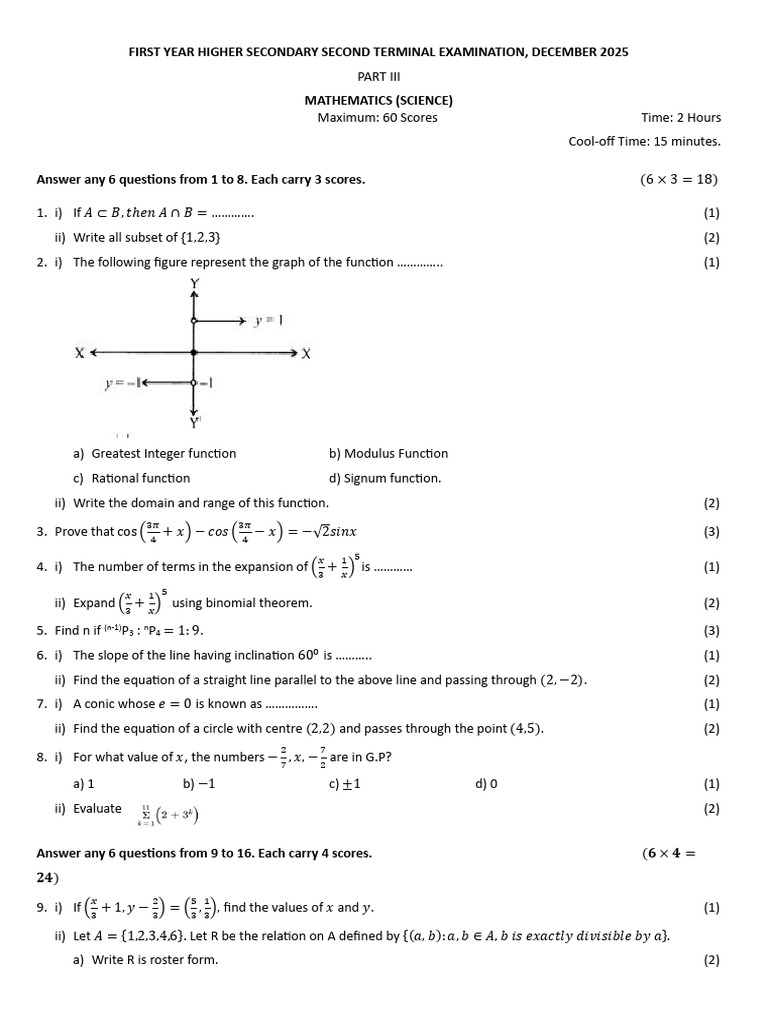 Hsslive Xi Maths Mid Term Exam Qo(Model) Ramesh | PDF | Function ...