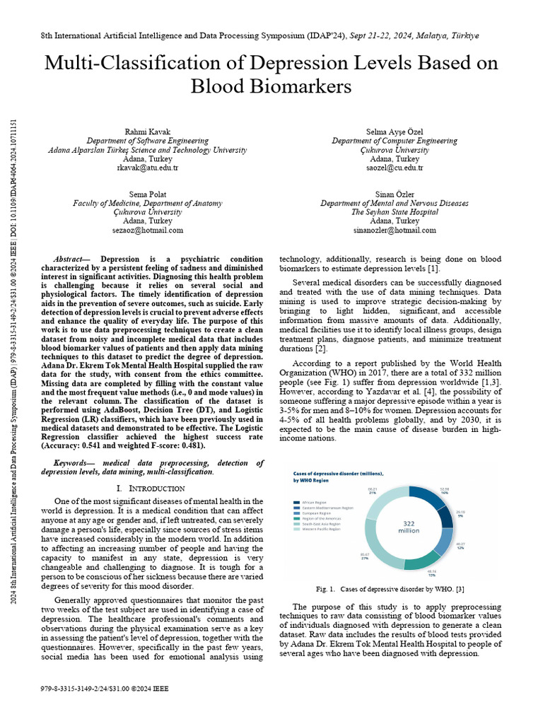 Multi-Classification of Depression Levels Based on Blood Biomarkers ...