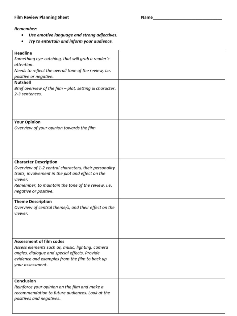Film Review Planning Sheet Name | PDF