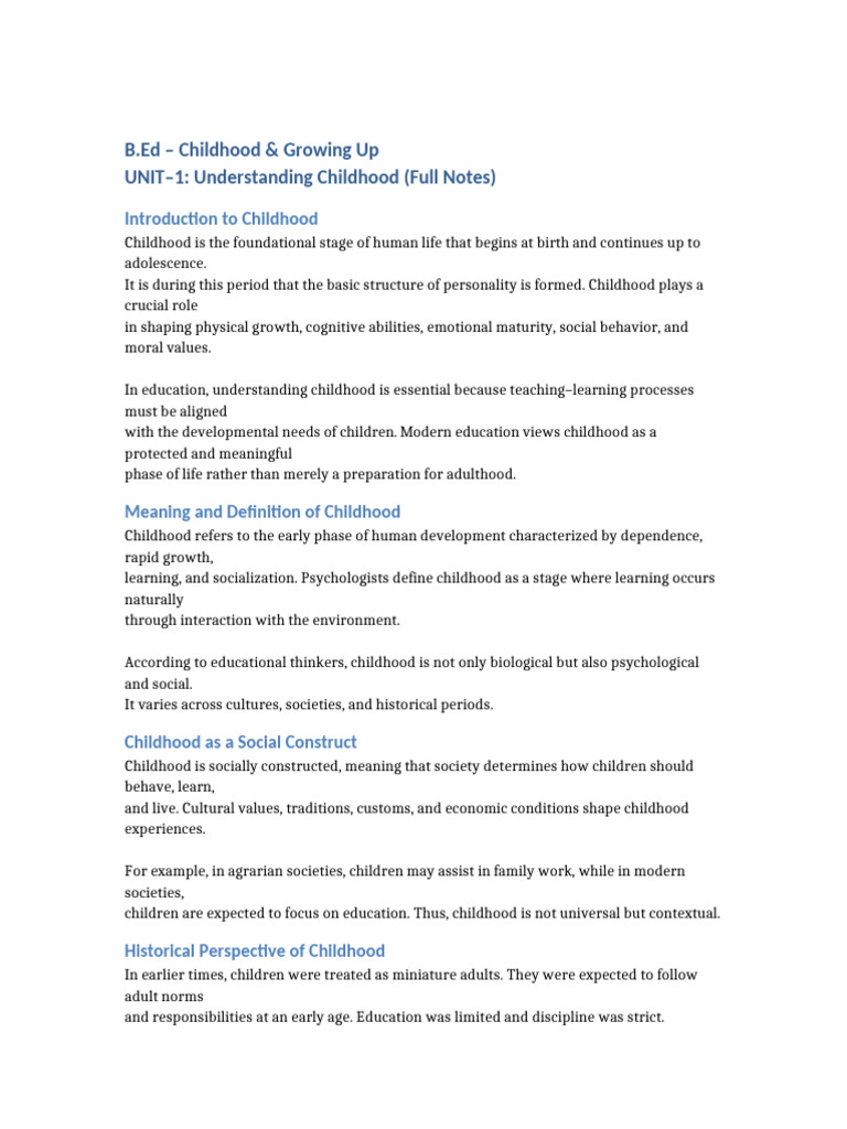 BEd Childhood and Growing Up Unit 1 Full Notes | PDF | Learning | Teachers