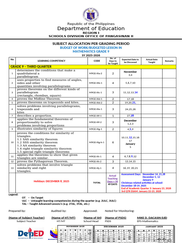 BOW Budgeted Lesson G9 Math SY 2025 2026 3rd QTR | PDF | Euclid ...