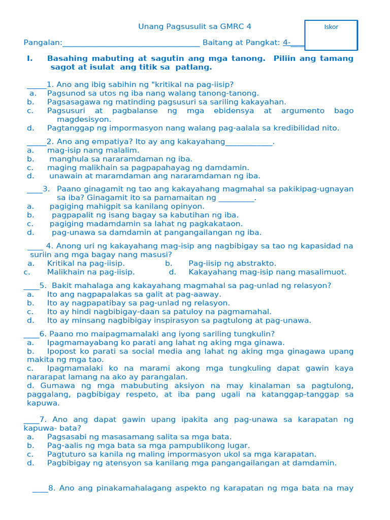 Unang Pagsusulit sa GMRC 4 A 4 | PDF
