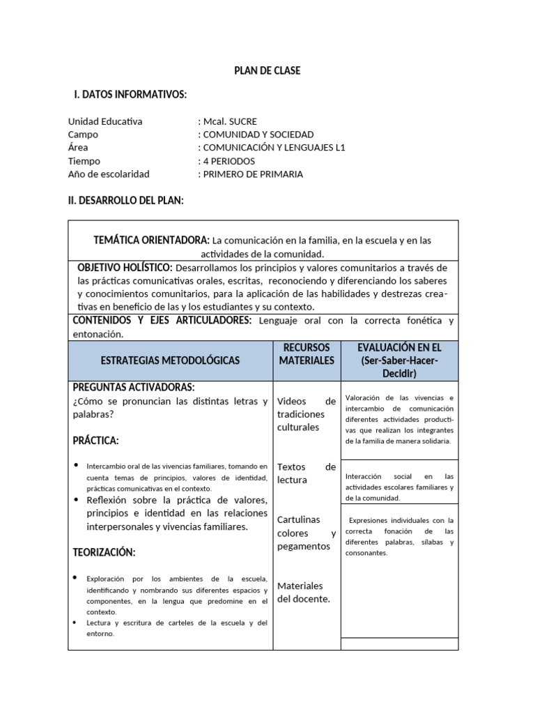 Plan de Clase (Lenguaje) Primaria | PDF | Comunicación | Escritura