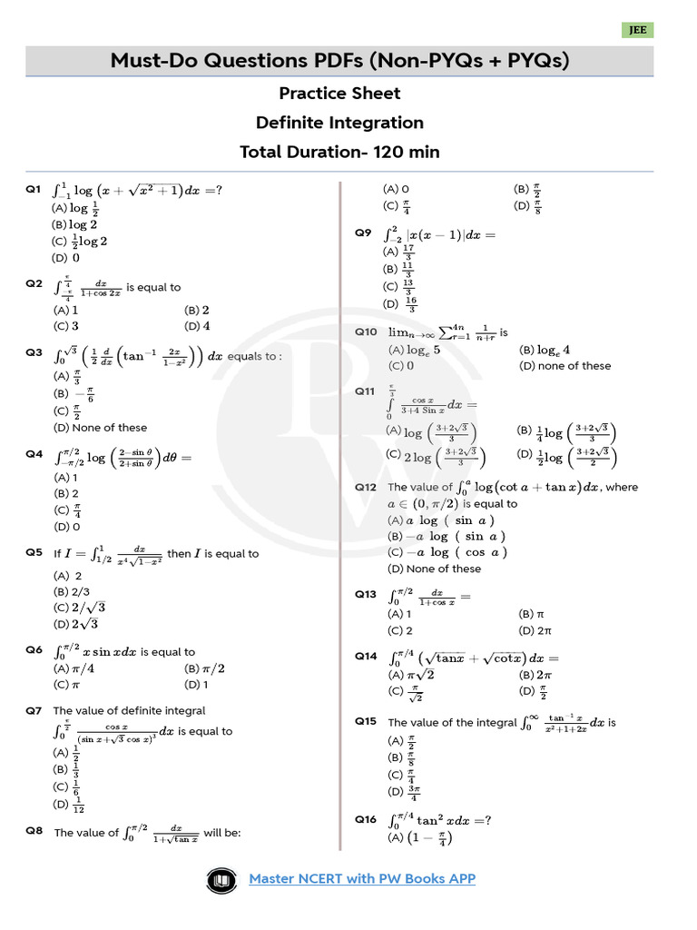 Definite Integration Must Do Questions Sheet For Jee Mains | PDF ...