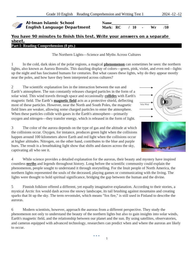 Keystone Grade 10 Rc Test 12-12-2024 Baraa | PDF | Aurora | Earth