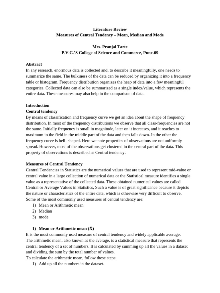 Measures of Central Tendency - Mean, Median, Mode | PDF | Mean | Mode ...