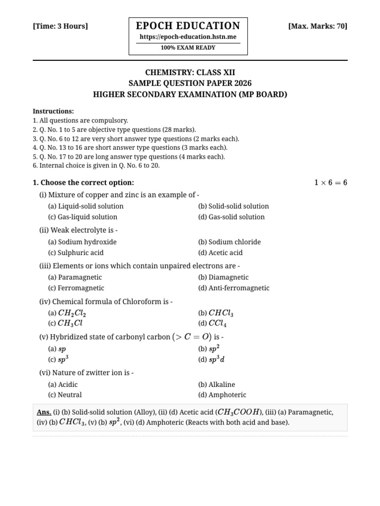 Chemistry Model Paper 2026 | PDF | Coordination Complex | Chemical ...