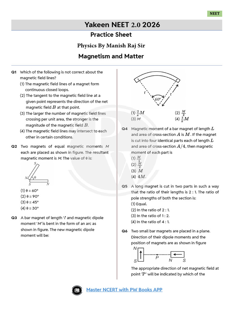 Magnetism and Matter: Practice Sheet - Physics by Manish R | PDF ...