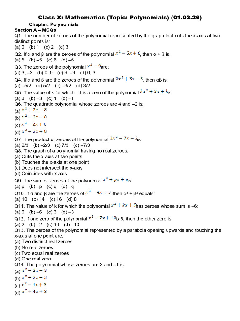 Worksheet Class X Maths (01.02.2026) | PDF | Polynomial | Quadratic ...