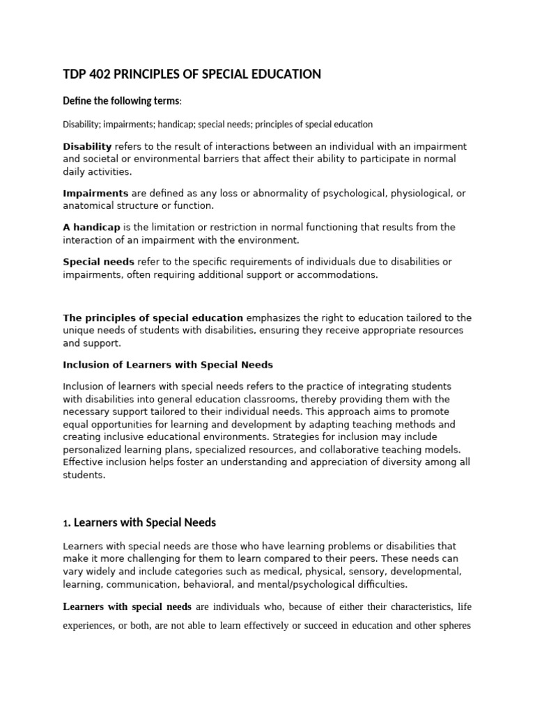 Notes TDP 402 PRINCIPLES OF SPECIAL EDUCATION 16-1-2026 | PDF | Special ...