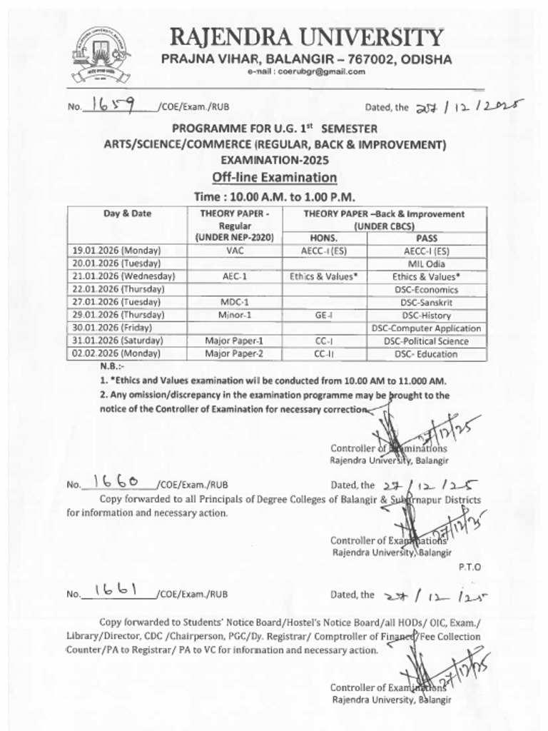 UG 1st Sem. Examination Programme -2025 (Regular & Back) | PDF