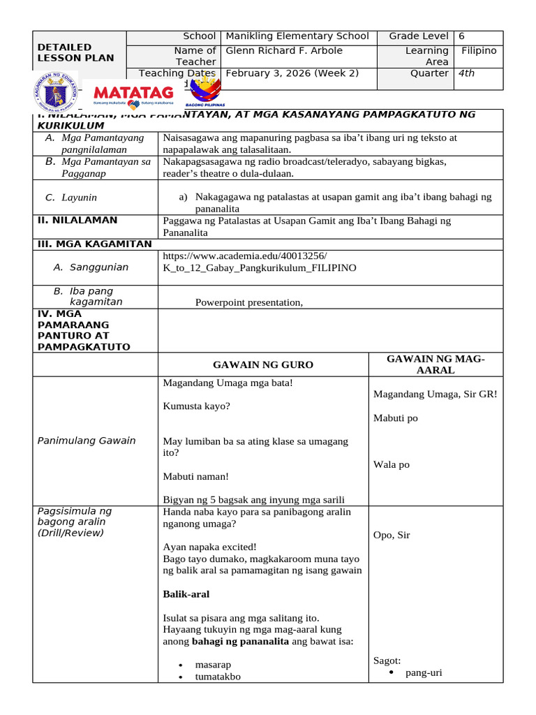 MATATAG Detailed Lesson Plan Filipino6 w2 | PDF