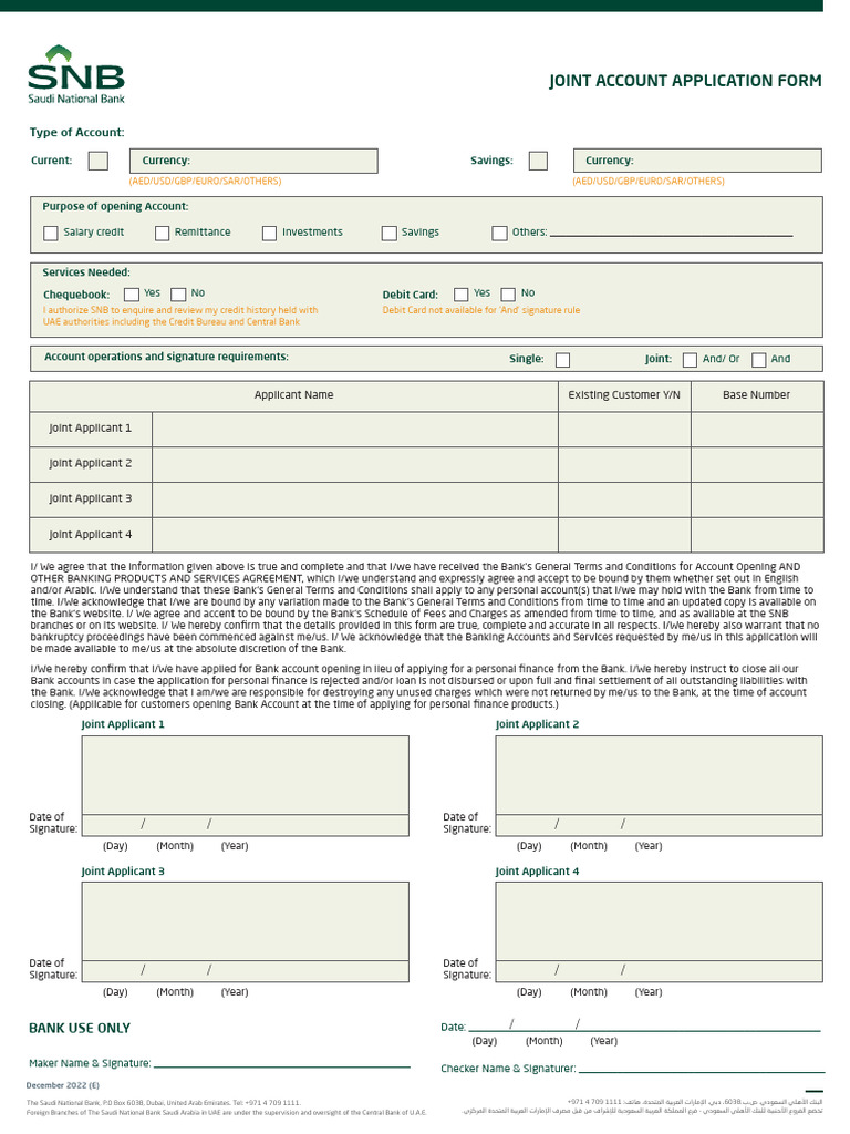 Joint Account Application Form | PDF | Banks | United Arab Emirates