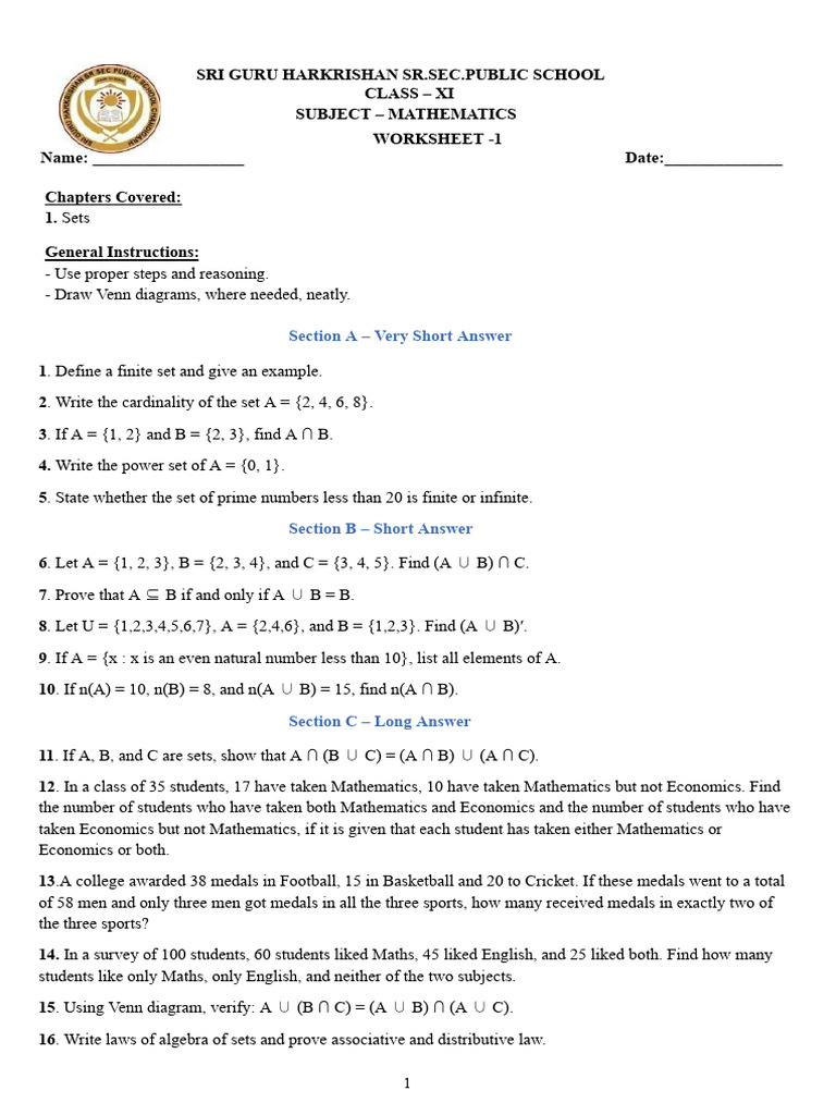 Class XI Worksheet-1 | PDF | Mathematics | Mathematical Concepts