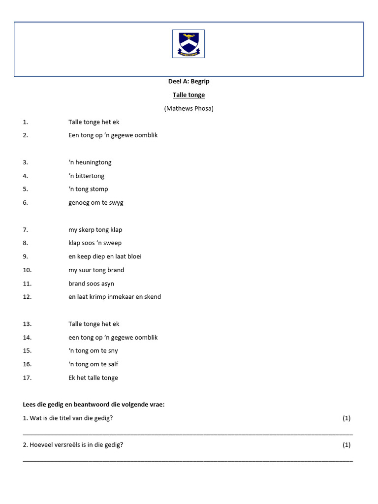 GRade 7 Afrikaans Revision Exam | PDF