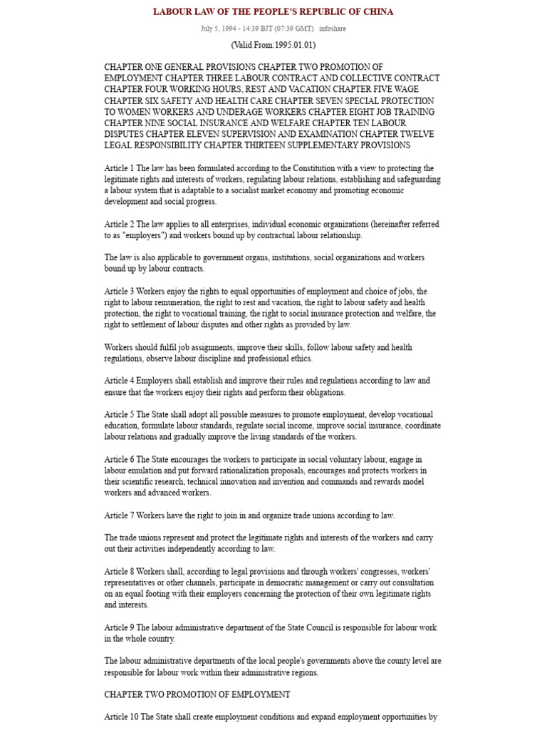 Labour Law of The PRC - 1995 | PDF | Labour Law | Employment