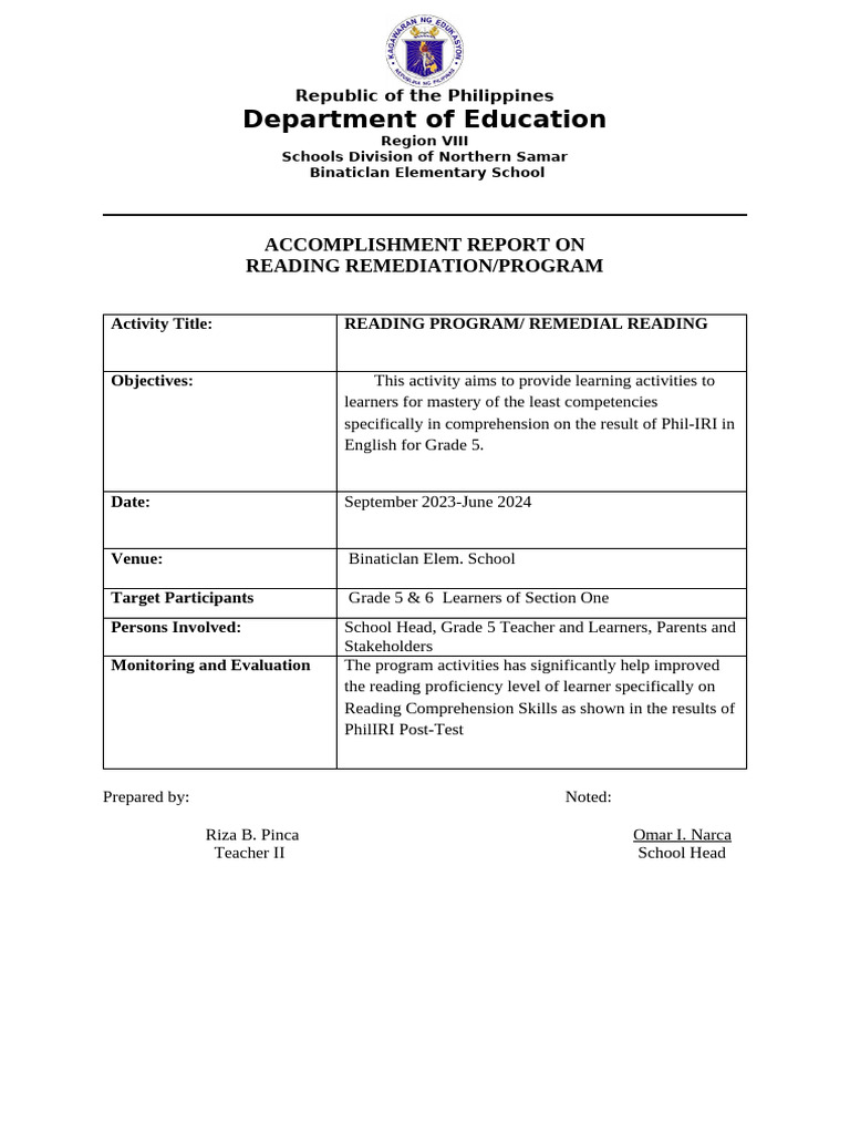 Accomplishment and Narrative Report Reading Program | PDF | Reading ...