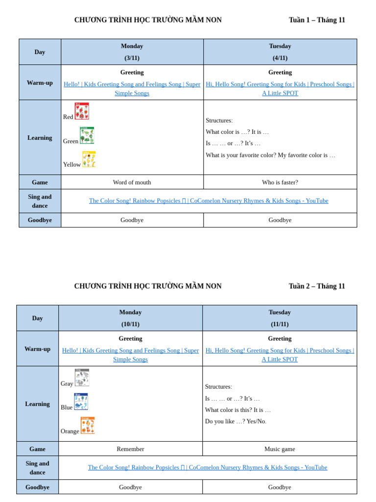 Lesson Plan for 4 Years Old in November | PDF | Softlines (Retail ...