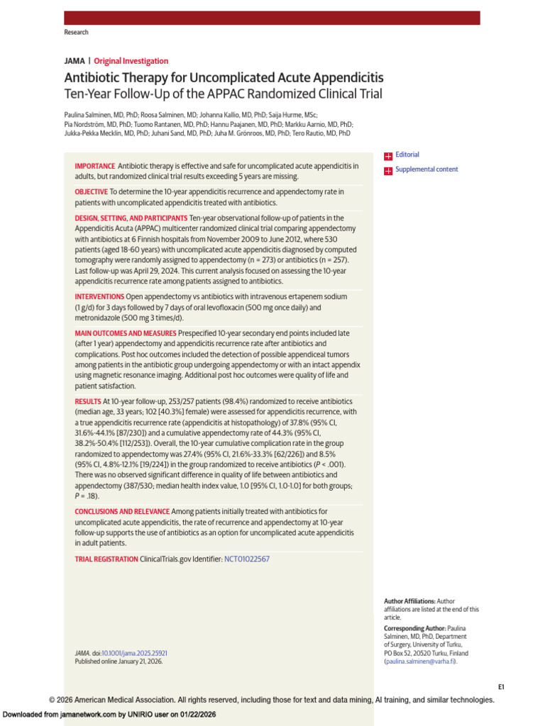 Antibiotic Therapy for Uncomplicated Acute Appendicitis | PDF ...