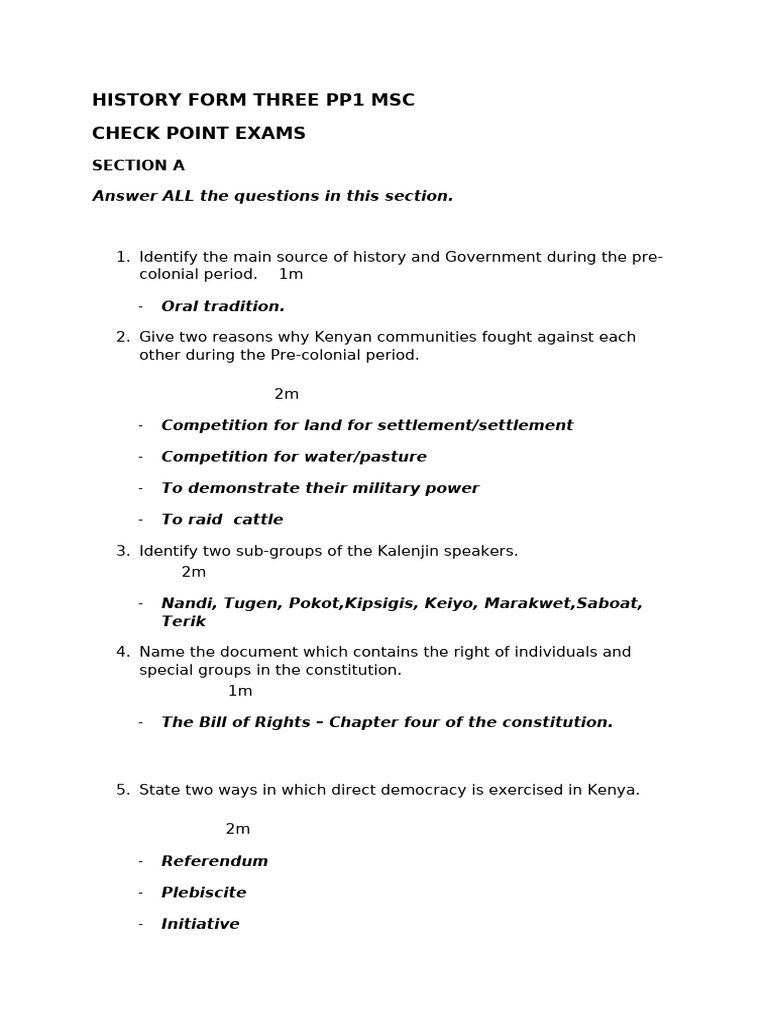 311 HISTORY F3 PP1 Marking SchemeEndTerm 3 | PDF | Kenya