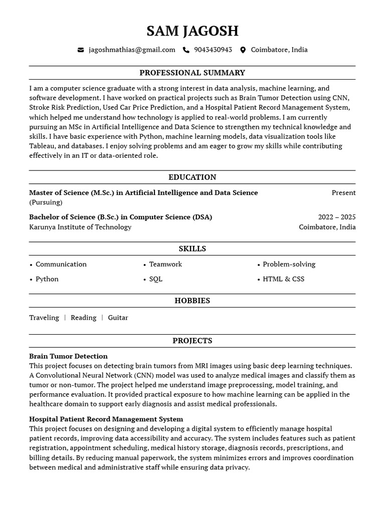 Sam Jagosh Flowcv Resume | PDF | Machine Learning | Artificial Intelligence
