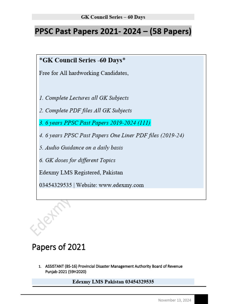 PPSC Past Papers 2021-24–(58 Papers of 111) | PDF | Pakistan