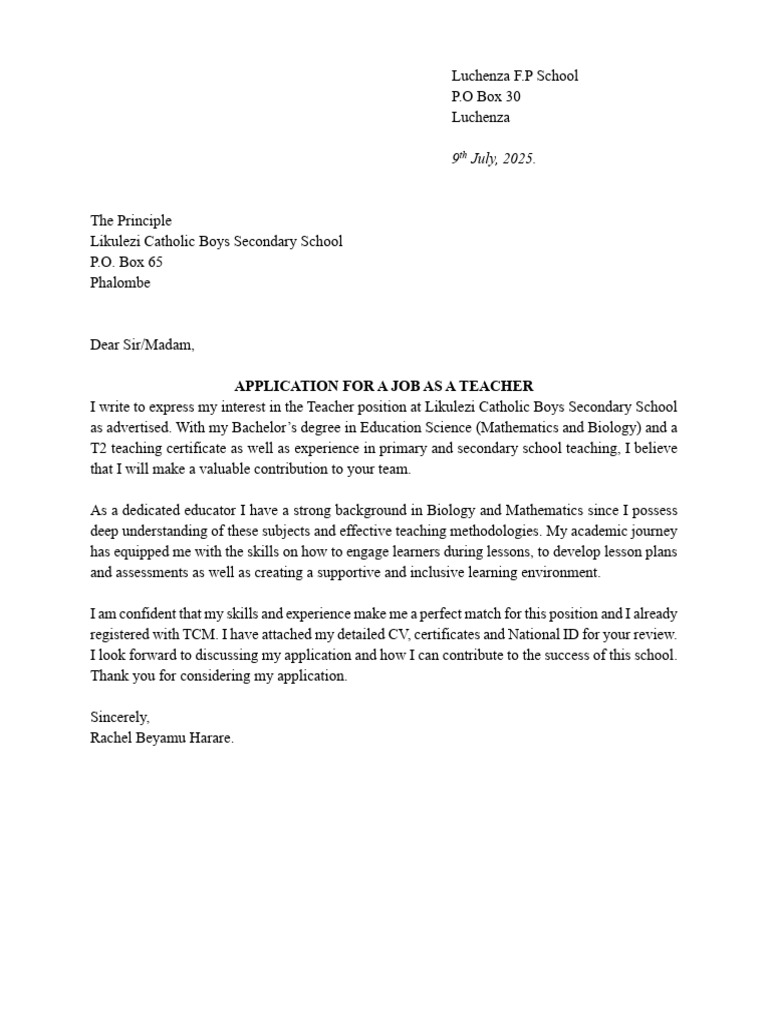 Racheal Harare Application Letter-1 | PDF | Teachers | Lesson Plan