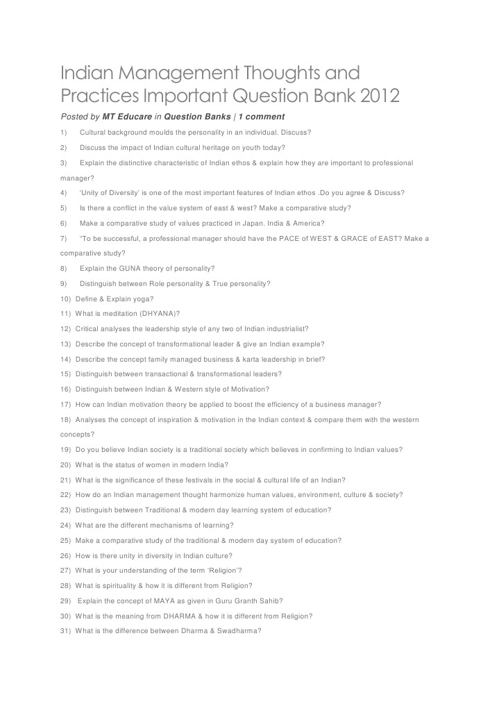 Indian Management Thoughts and Practices Important Question Bank 2012 ...