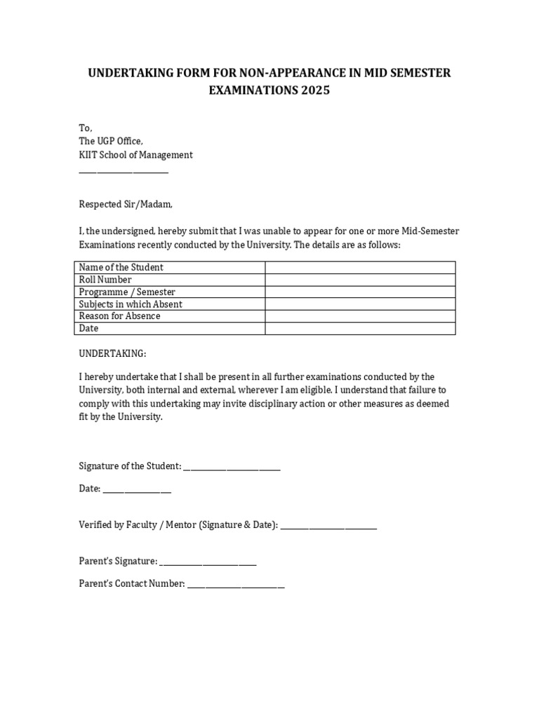 Undertaking Form Missed Examination | PDF