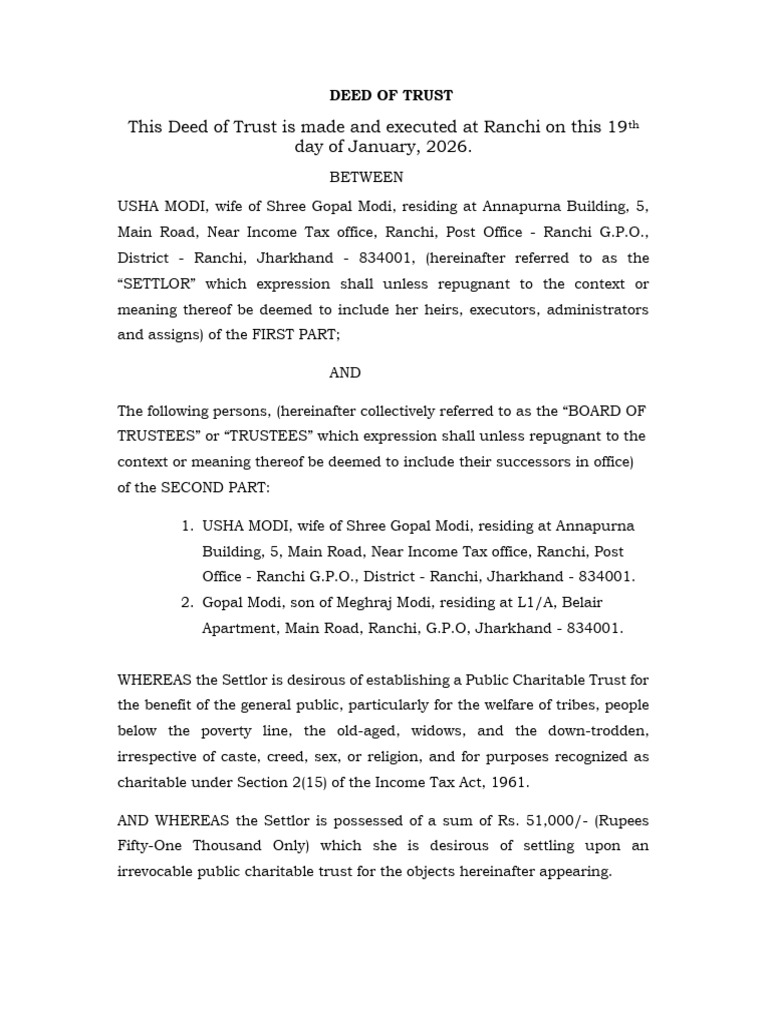 Geeta Meghraj Trust Deed Draft | PDF | Charitable Organization | Taxes