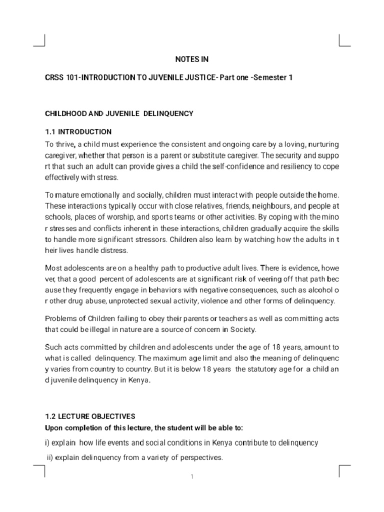 Notes Part One- Crss 101-Introduction to Juvenile Justice-_phoenix 1 | PDF