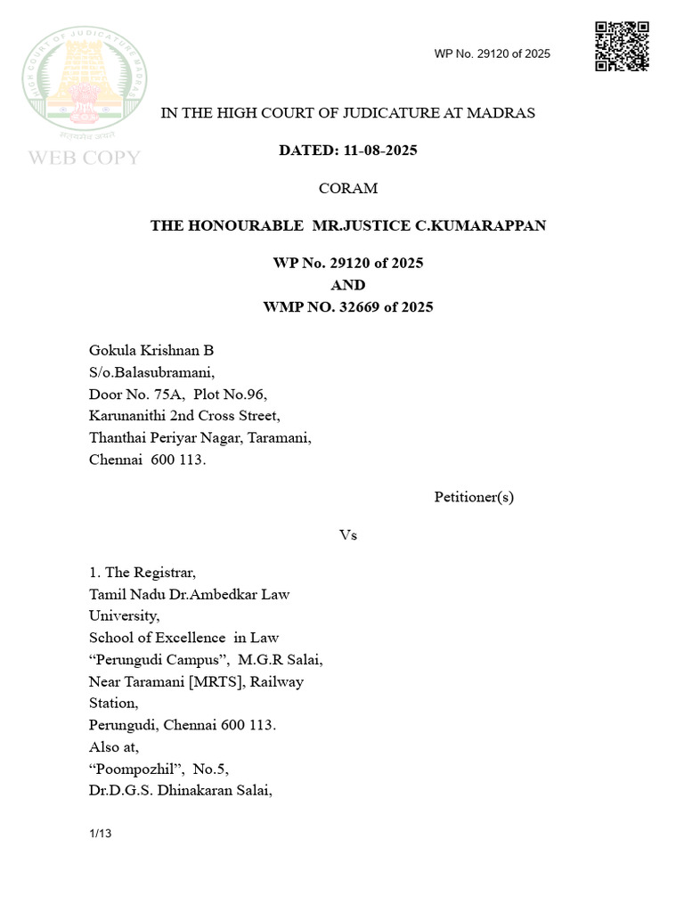 Gokula Krishnan Vs TNDALU SOEL | PDF | Disability | Justice