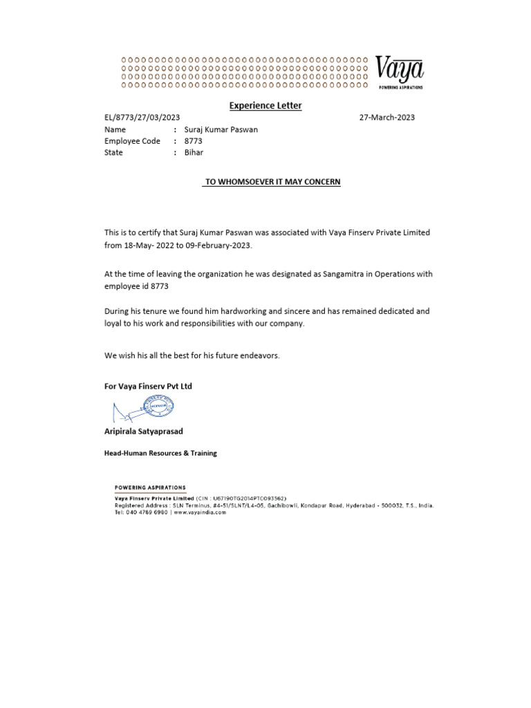 Experience Letter: Head-Human Resources & Training | PDF