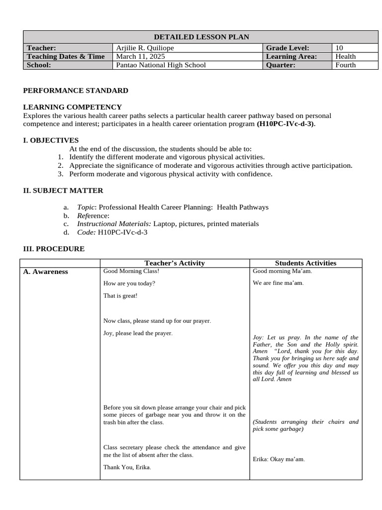 Lesson Plan in g10 Health | PDF