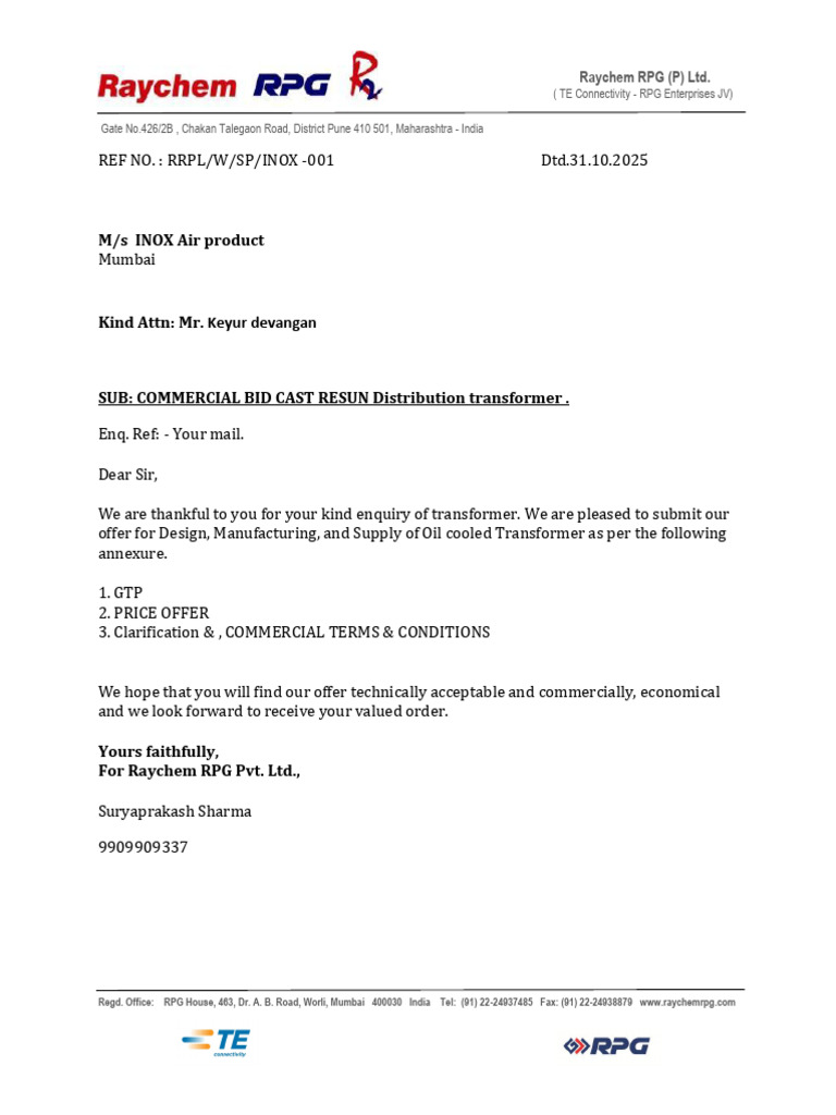 Offer For Cast Resin Transformer Ray Chem 31.10.2025 | PDF | Legal ...