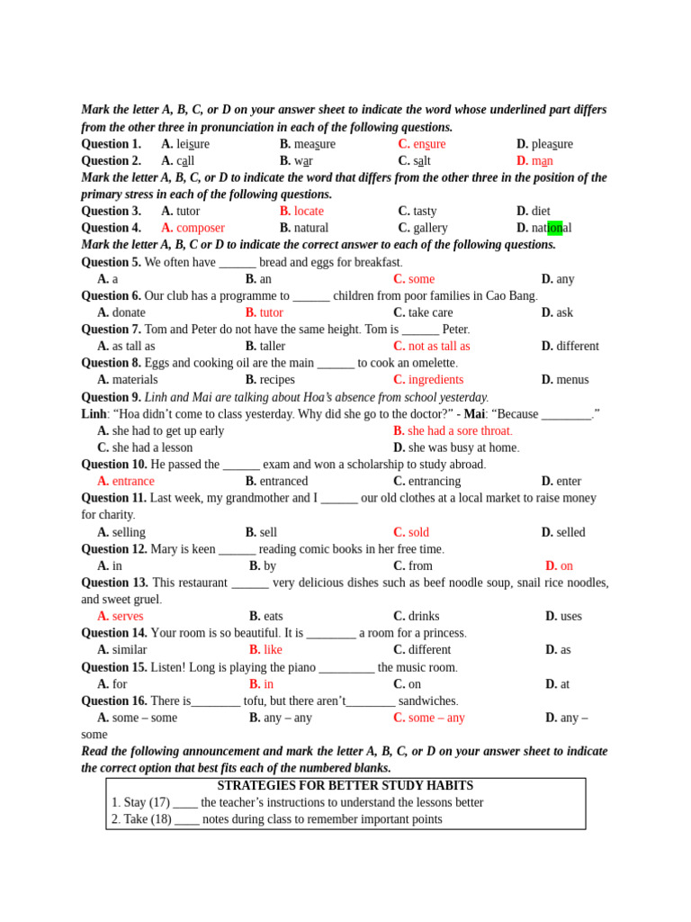 Practice Test 1 (1st Term) Grade 7 | PDF | Foods | Cuisine
