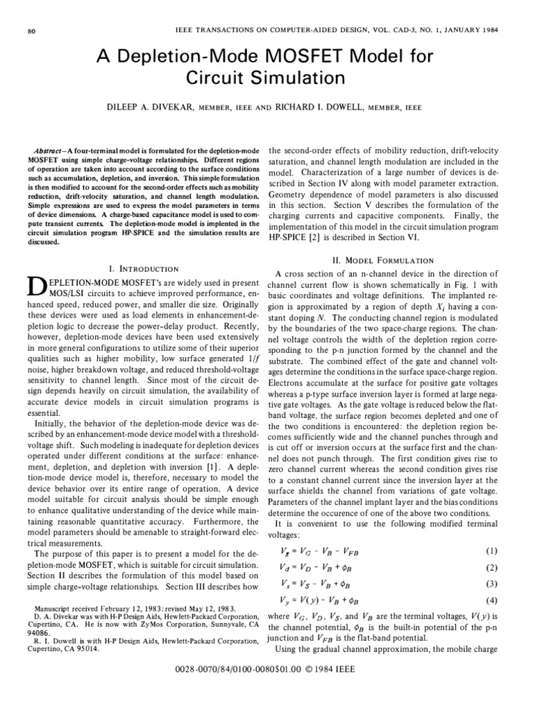 Divekar和Dowell - A Depletion-Mode MOSFET Model for Circuit Simulation ...