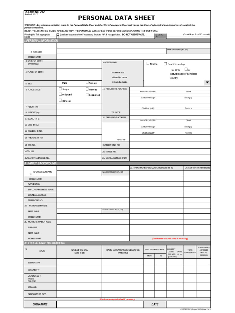 CS Form No. 212 Revised-2017 Personal-Data-Sheet | PDF | Crimes | Crime ...