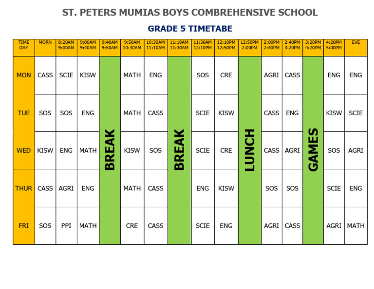Grade 5 Timetable | PDF