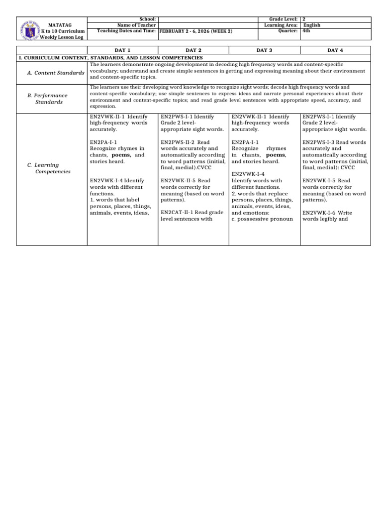 GRADE 2 DLL MATATAG - ENGLISH 2 - Q4 - Week 2 | PDF | Pronoun ...