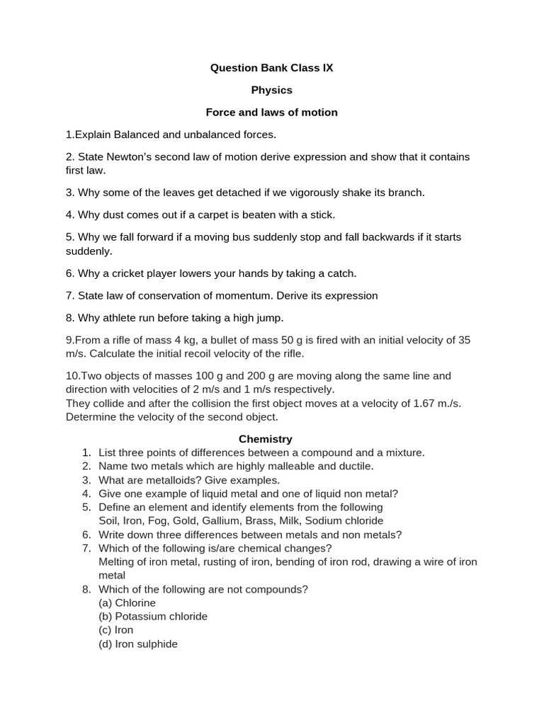 Class IX Question Bank | PDF | Metals | Force
