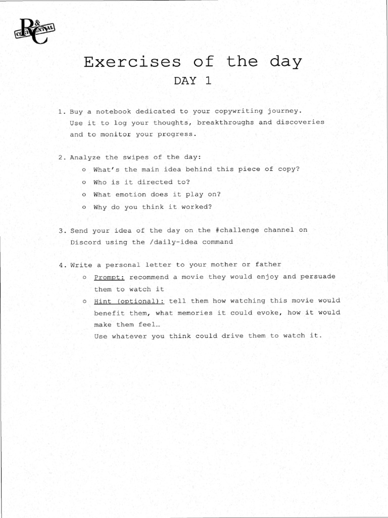 31-Day Copywriting Camp Day 1 Exercises | PDF