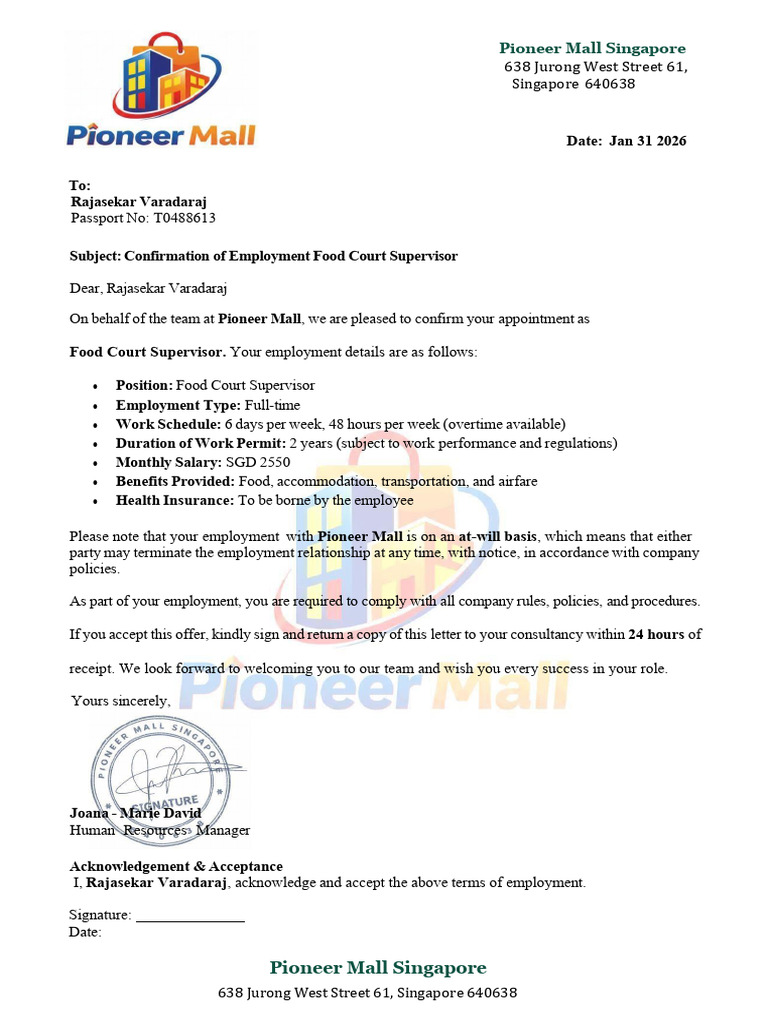 Pioneer Mall Confirmation Letter Rajasekar Varadaraj | PDF