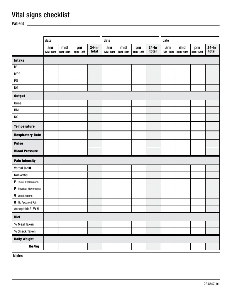 Vital Signs Checklist: Am Am Am Mid Mid Mid PM PM PM | PDF