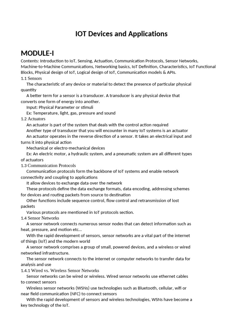 IOT Devices and ApplicationsNotes | PDF | Computer Network | Wireless ...